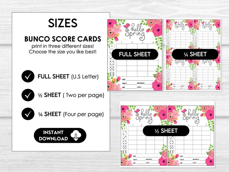 Bunco Score Sheets With Spring Flowers, Tally Cards, Table Markers ...