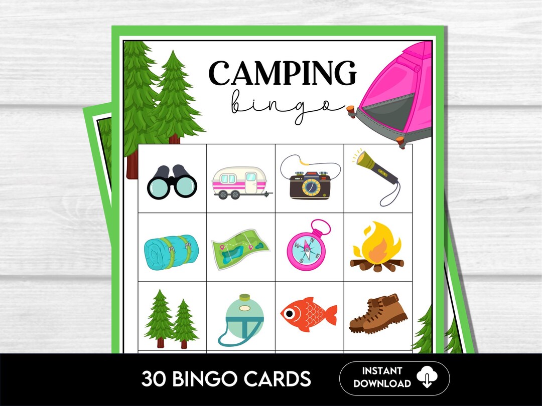 Camping Bingo Game – 30 Printable Cards, Fun Camping Party Activity ...
