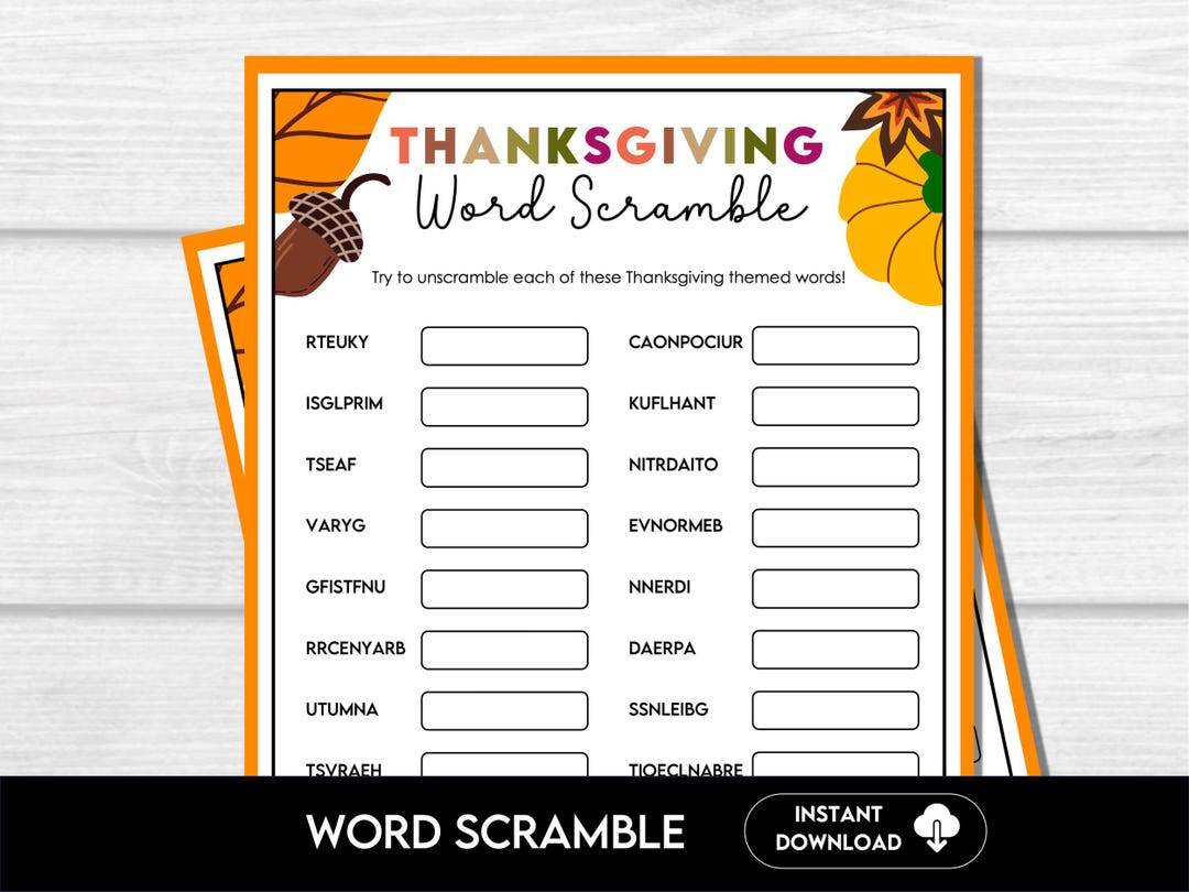 Thanksgiving Word Scramble Game, Thanksgiving Printable Game, Fun ...