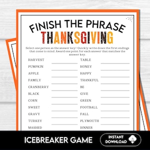 Thanksgiving Finish the Phrase Game, Printable Icebreaker (digital ...