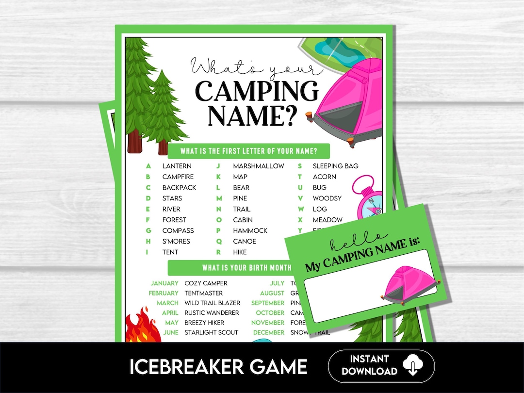 What's Your Camping Name Game and Name Tags | Camping Birthday ...
