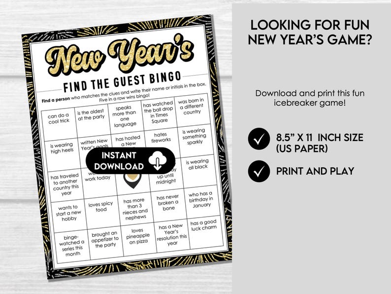 Find the Guest Bingo Game, New Years Eve Party Icebreaker, NYE Party ...