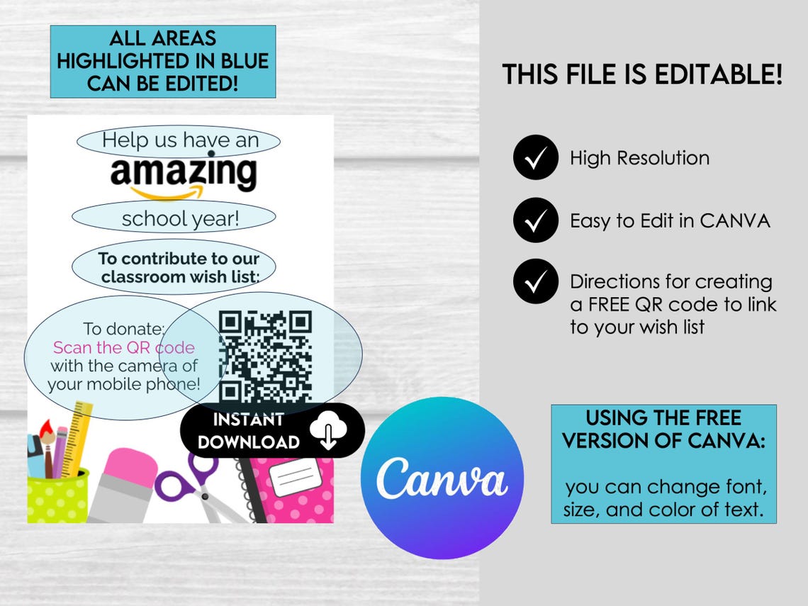Editable QR Code Classroom Wish List Card Template (canva) - Etsy