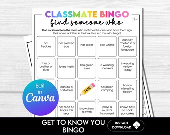 Classmate Get to Know You Bingo, BACK TO SCHOOL Icebreaker, Kids Find ...