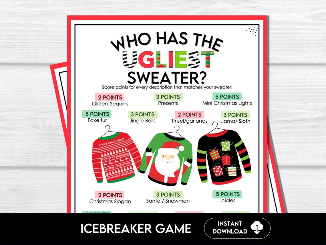 Christmas Ugly Sweater Game, Printable Icebreaker Activity for Adults ...
