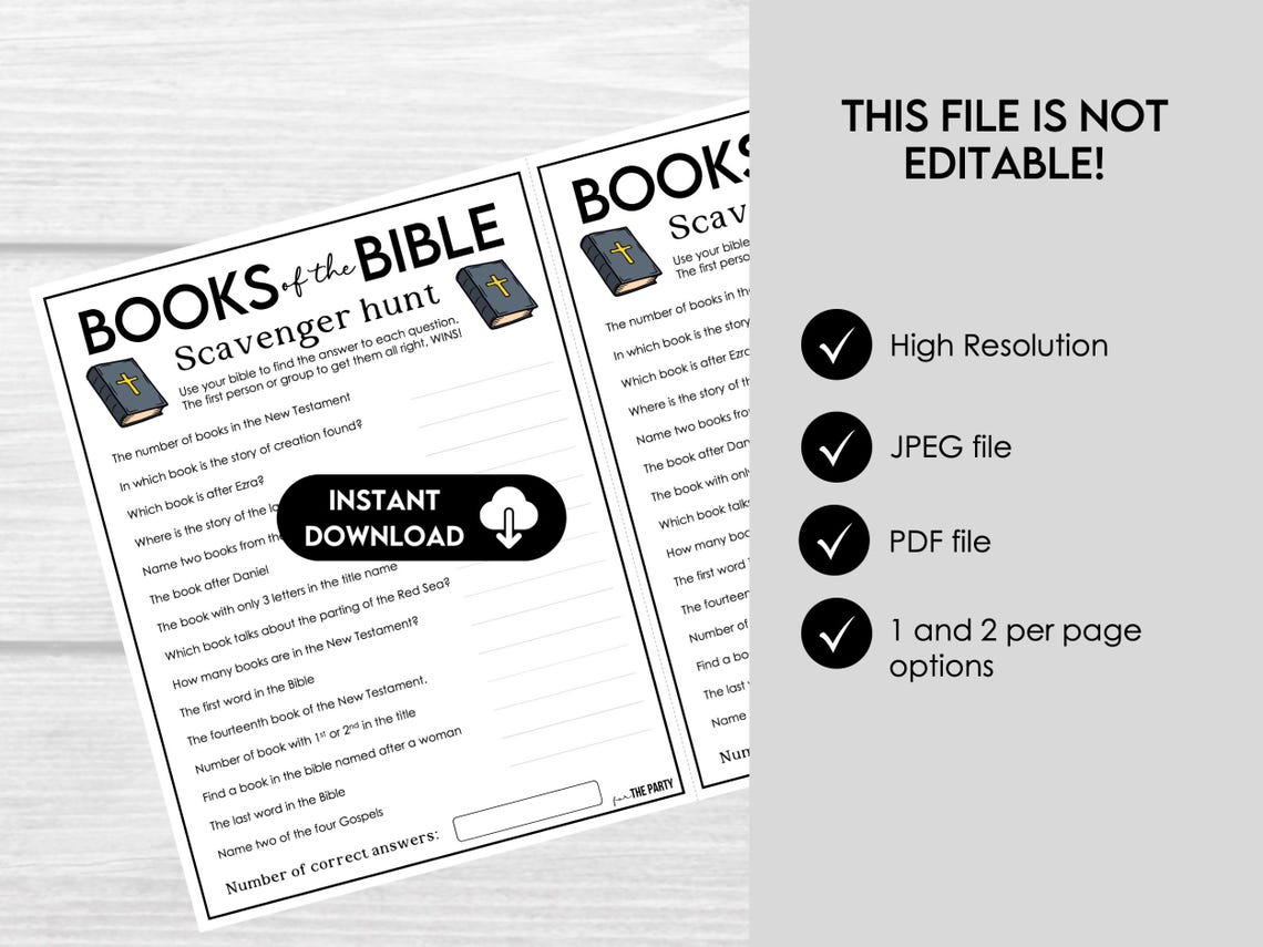 Books of the Bible Scavenger Hunt Game, Printable Church Group Activity ...