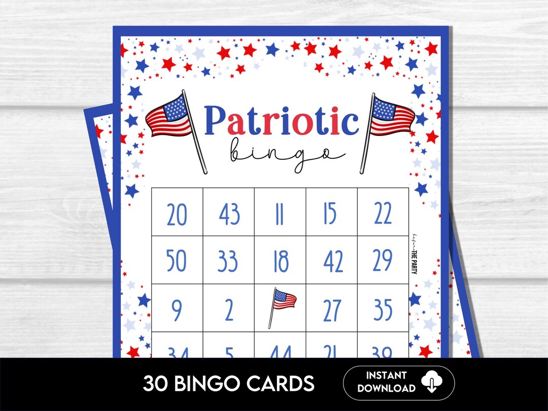 30 Patriotic Bingo Game Cards, 4th of July Bingo, Independence Day ...
