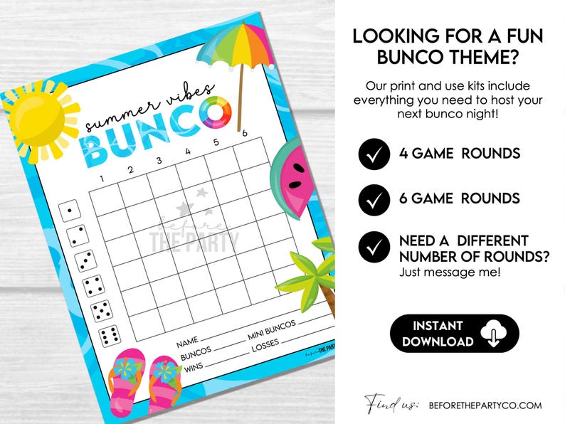 Summer Bunco Score Sheets , Tally Cards, Table Markers, Invitation ...