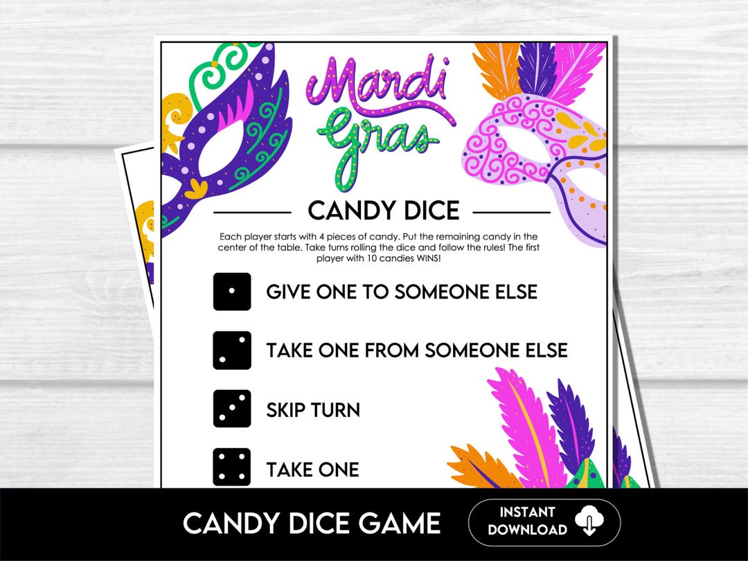 Mardi Gras Candy Dice Game, Fat Tuesday Activity for Kids, Printable ...