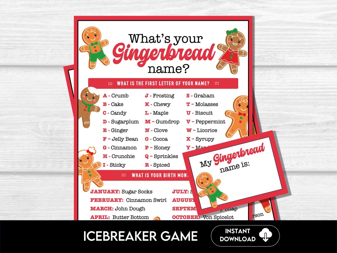 What's Your Gingerbread Name Game, Christmas Party Game, Christmas ...