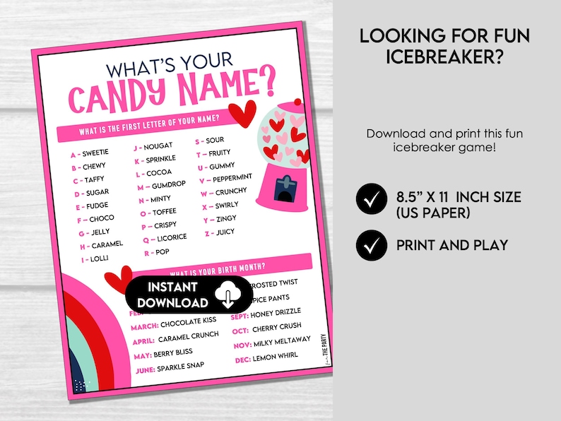 What's Your Candy Name Game, Fun Valentine's Day Printable Name Games ...