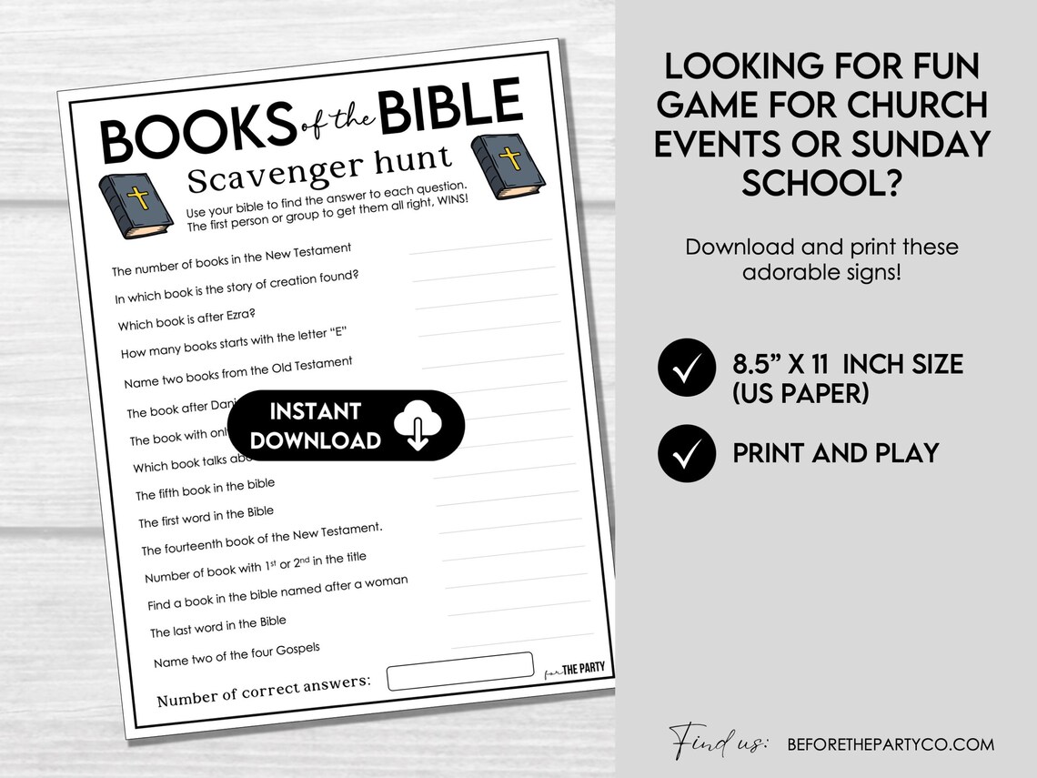 Books of the Bible Scavenger Hunt Game, Printable Church Group Activity ...