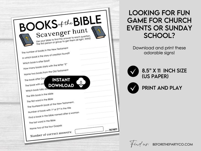 Books of the Bible Scavenger Hunt Game, Printable Church Group Activity ...