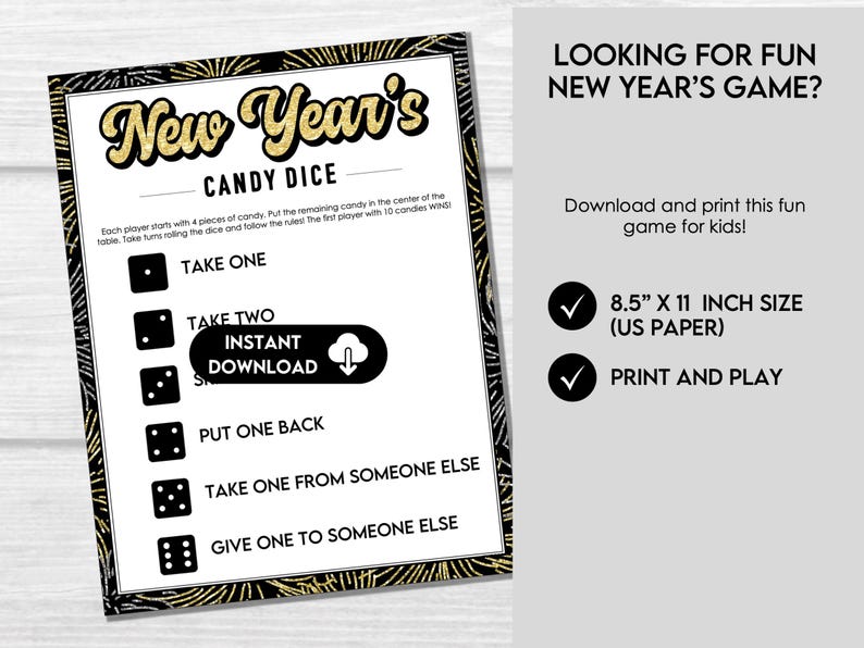 New Year's Candy Dice Game, Kids New Year Party Game, Printable Dice ...
