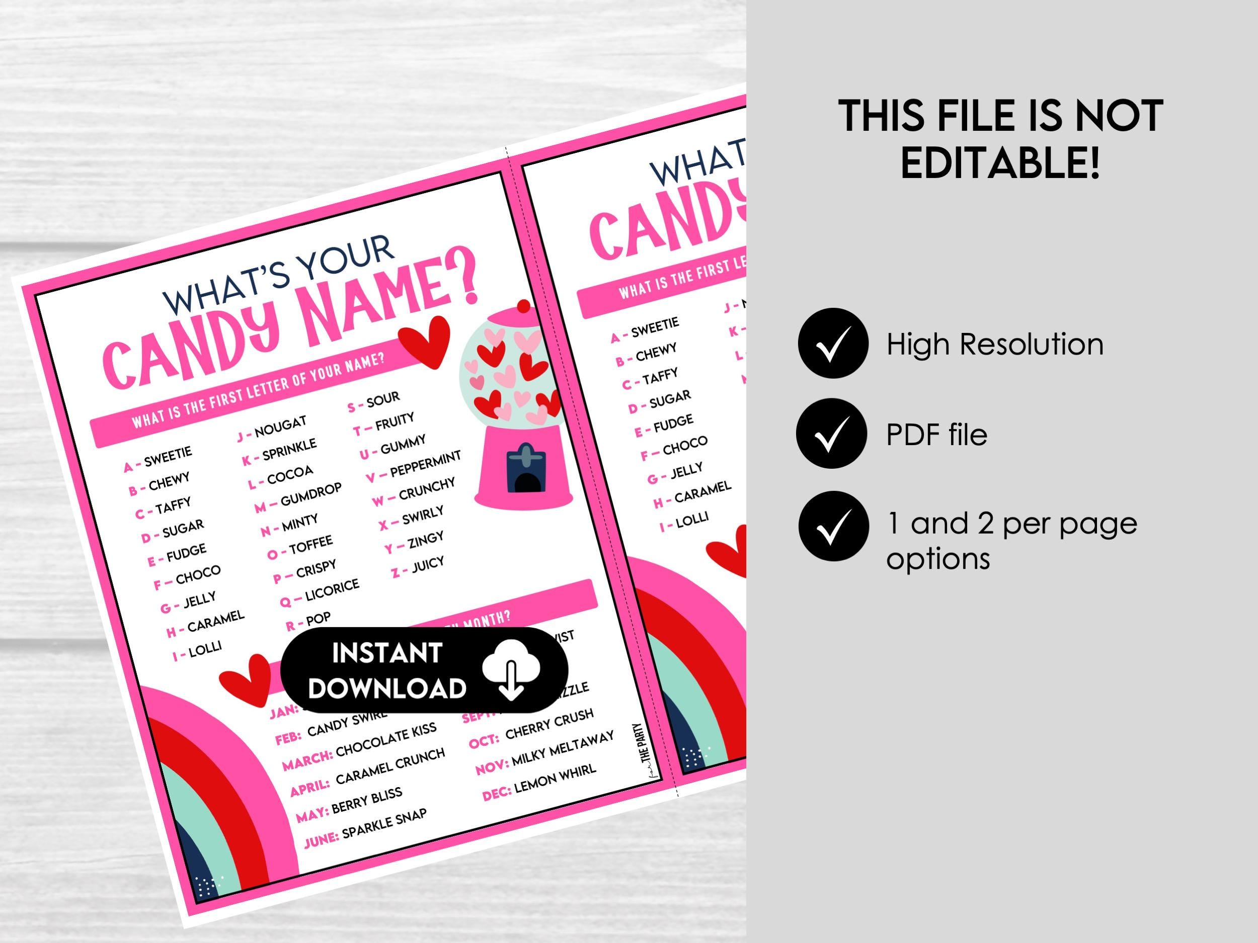What's Your Candy Name Game, Fun Valentine's Day Printable Name Games, Printable Party Games for ...