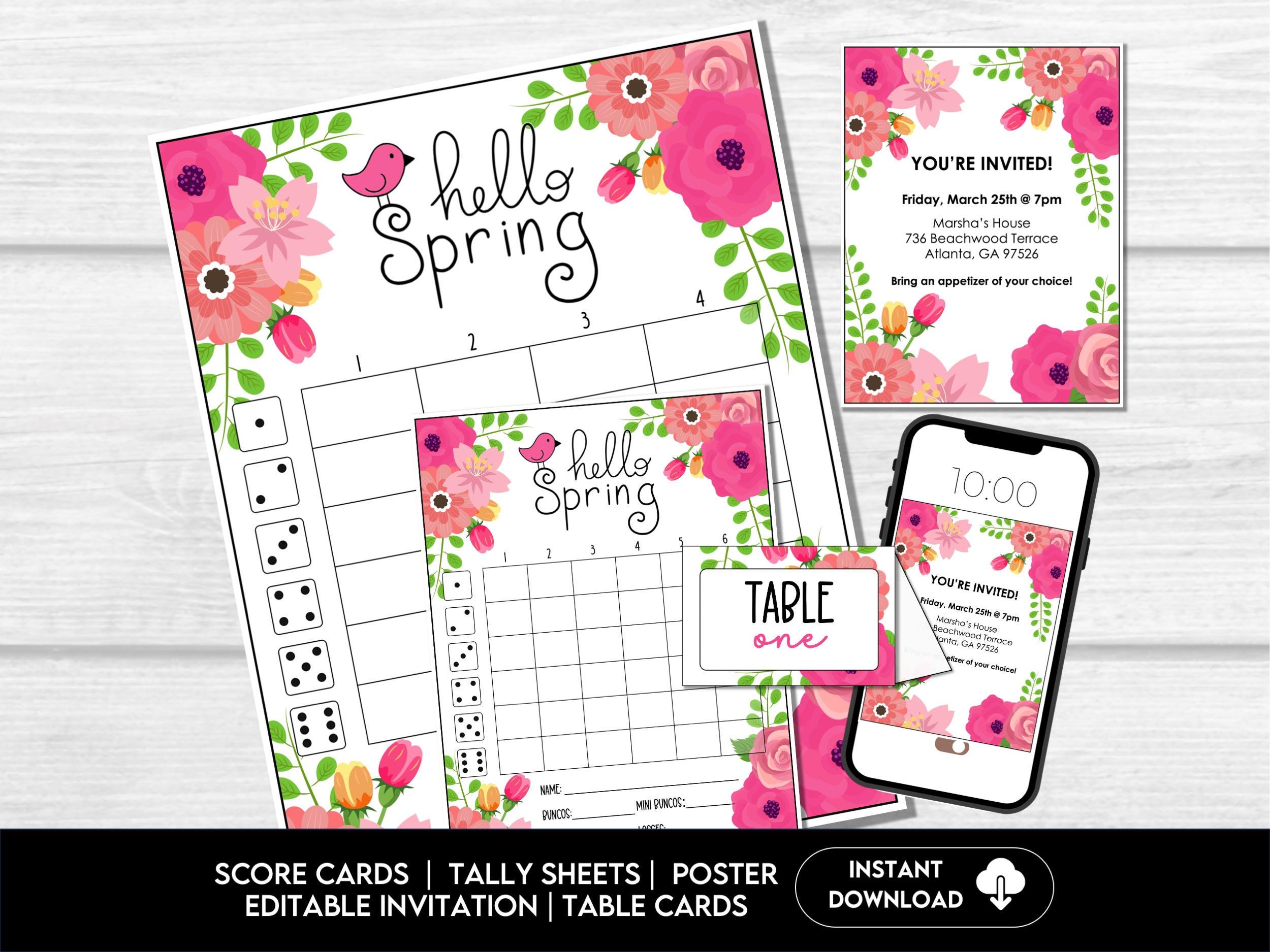 Spring Floral Bunco Party Bundle Printable, Score Sheets, Table Markers ...
