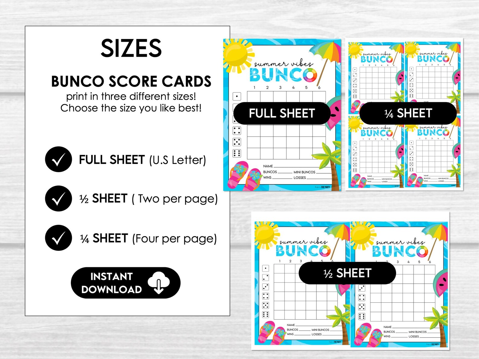 Summer Bunco Score Sheets , Tally Cards, Table Markers, Invitation ...