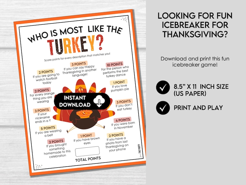 Thanksgiving Who is Most Like the Turkey Game, Thanksgiving Activity ...