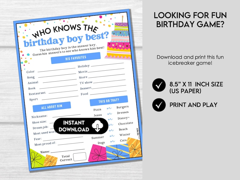 Who Knows the Birthday Boy Best, Printable Birthday Boy Trivia Game ...