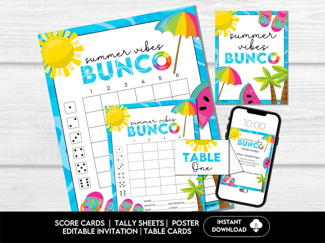 Summer Bunco Score Sheets , Tally Cards, Table Markers, Invitation ...