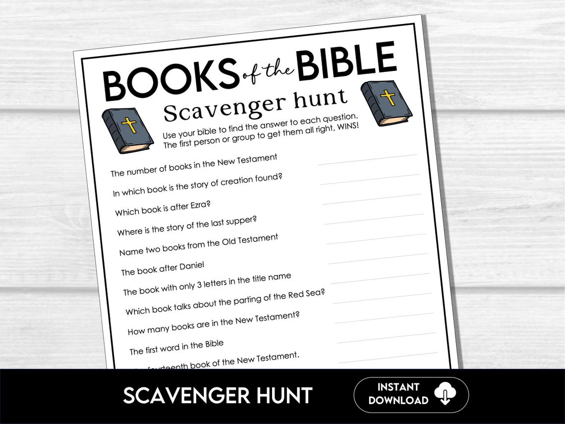 Books of the Bible Scavenger Hunt Game, Printable Church Group Activity ...