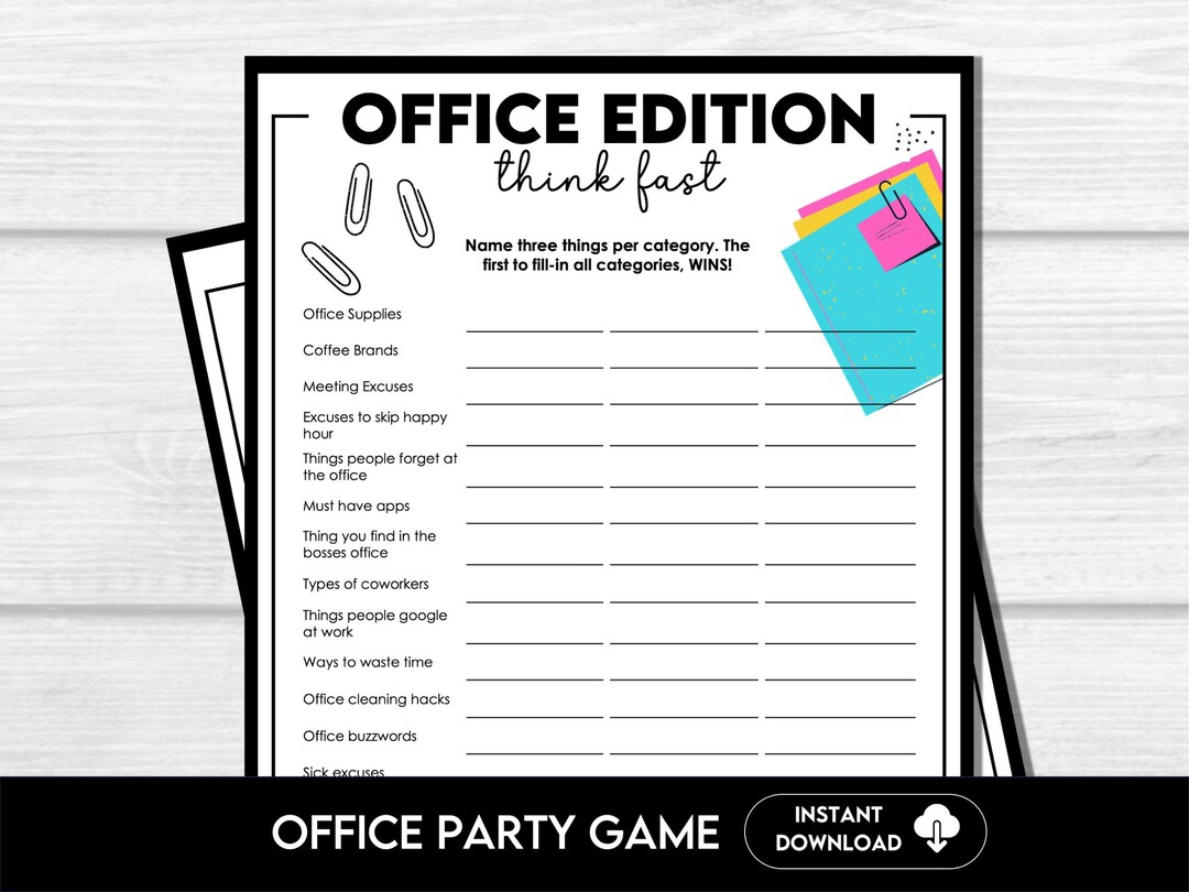 Think Fast Work Game, Office Party Game, Games for Work, Work Party ...