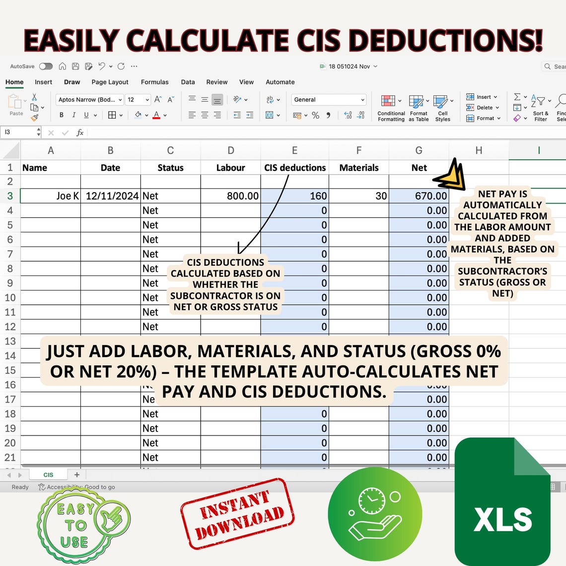 CIS Tracker Excel Template | Automated CIS Deductions & Payments | Construction Subcontractor ...