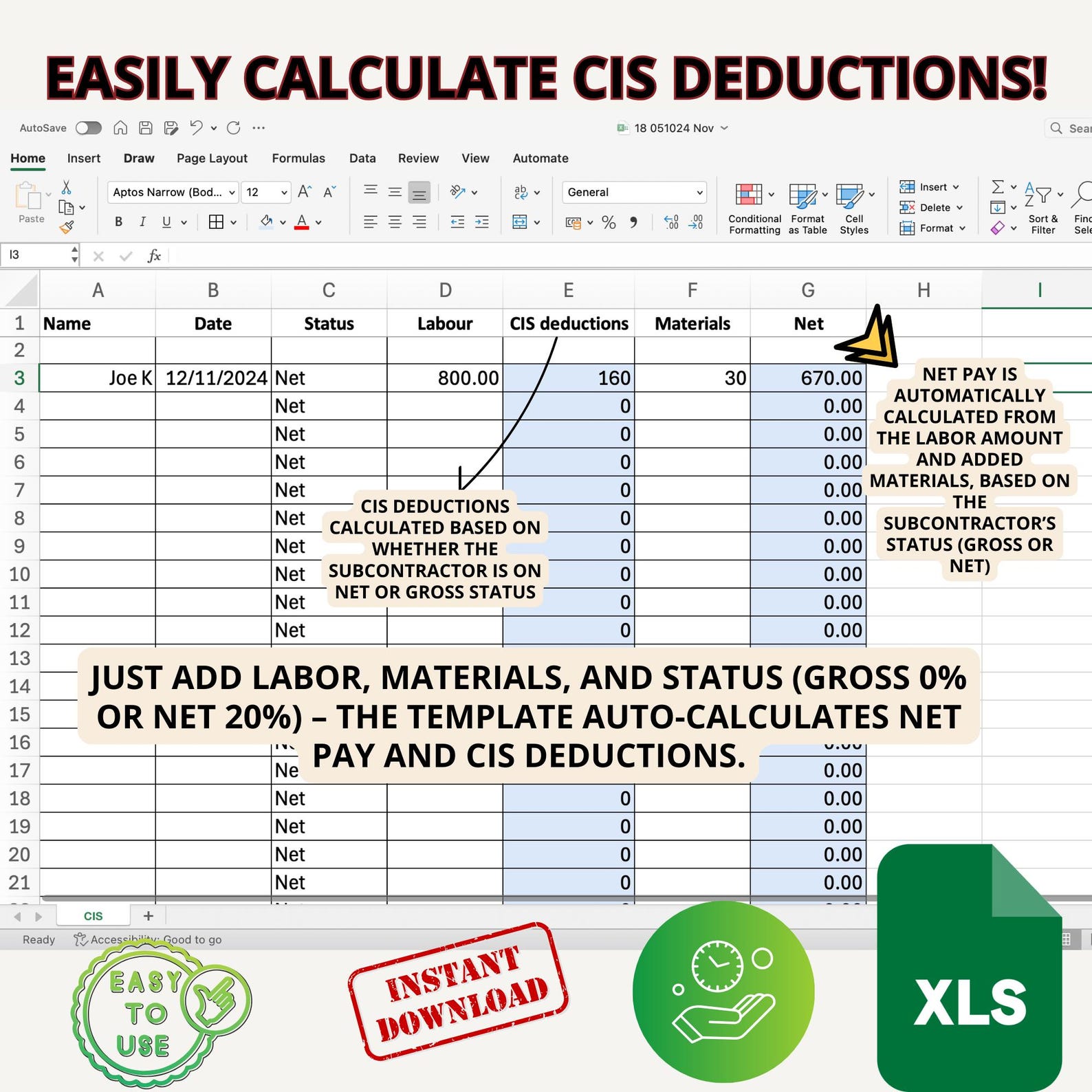 CIS Tracker Excel Template | Automated CIS Deductions & Payments ...