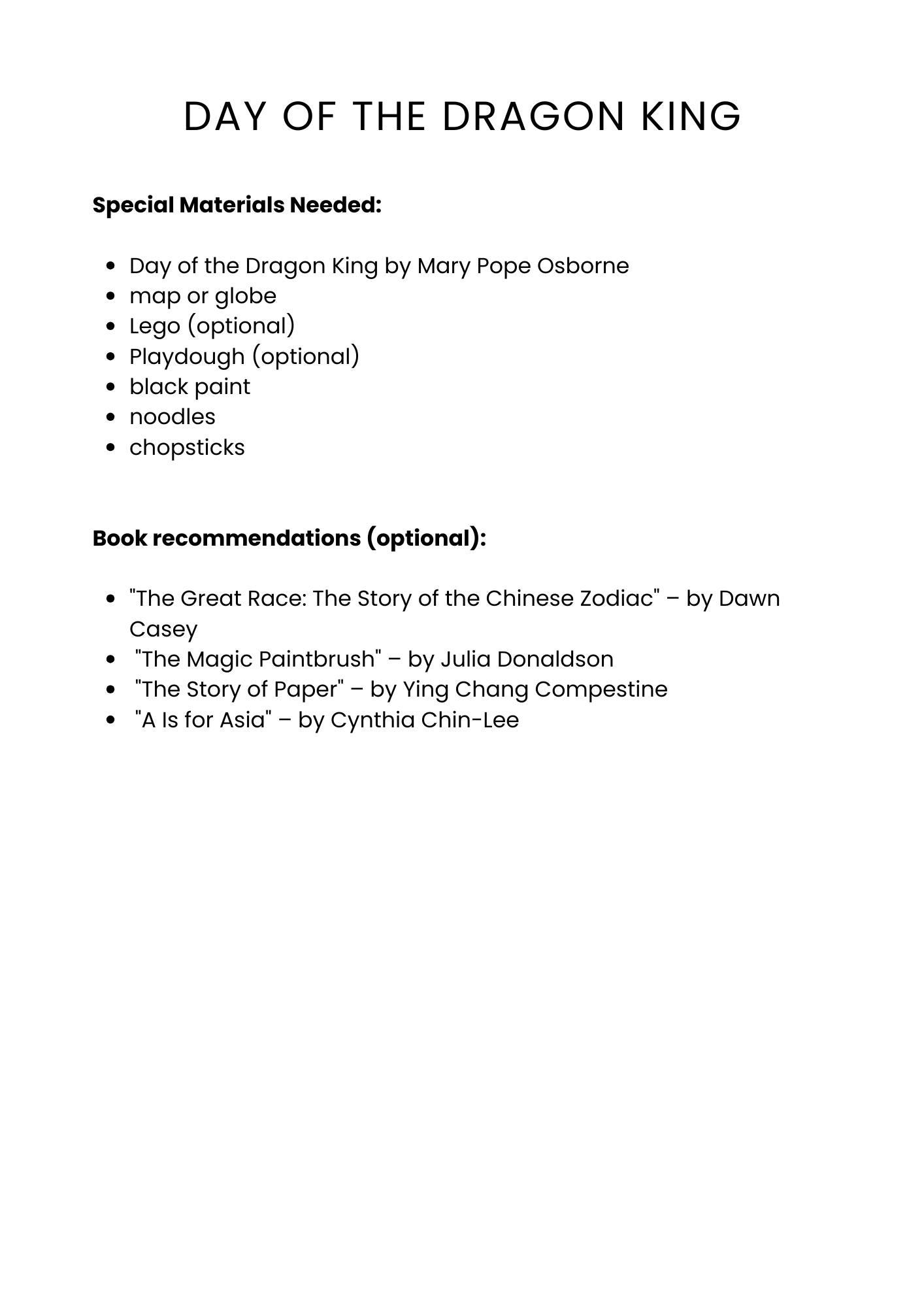 Ancient China Unit Study: Magic Tree House, Day of the Dragon King (PDF ...