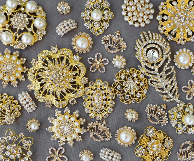SALE 20 Gold Assorted Rhinestone Button Brooch Embellishment - Etsy
