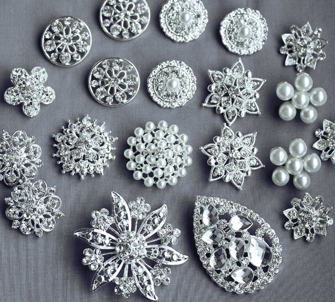 20 Assorted Rhinestone Button Brooch Embellishment Pearl Crystal Hair ...