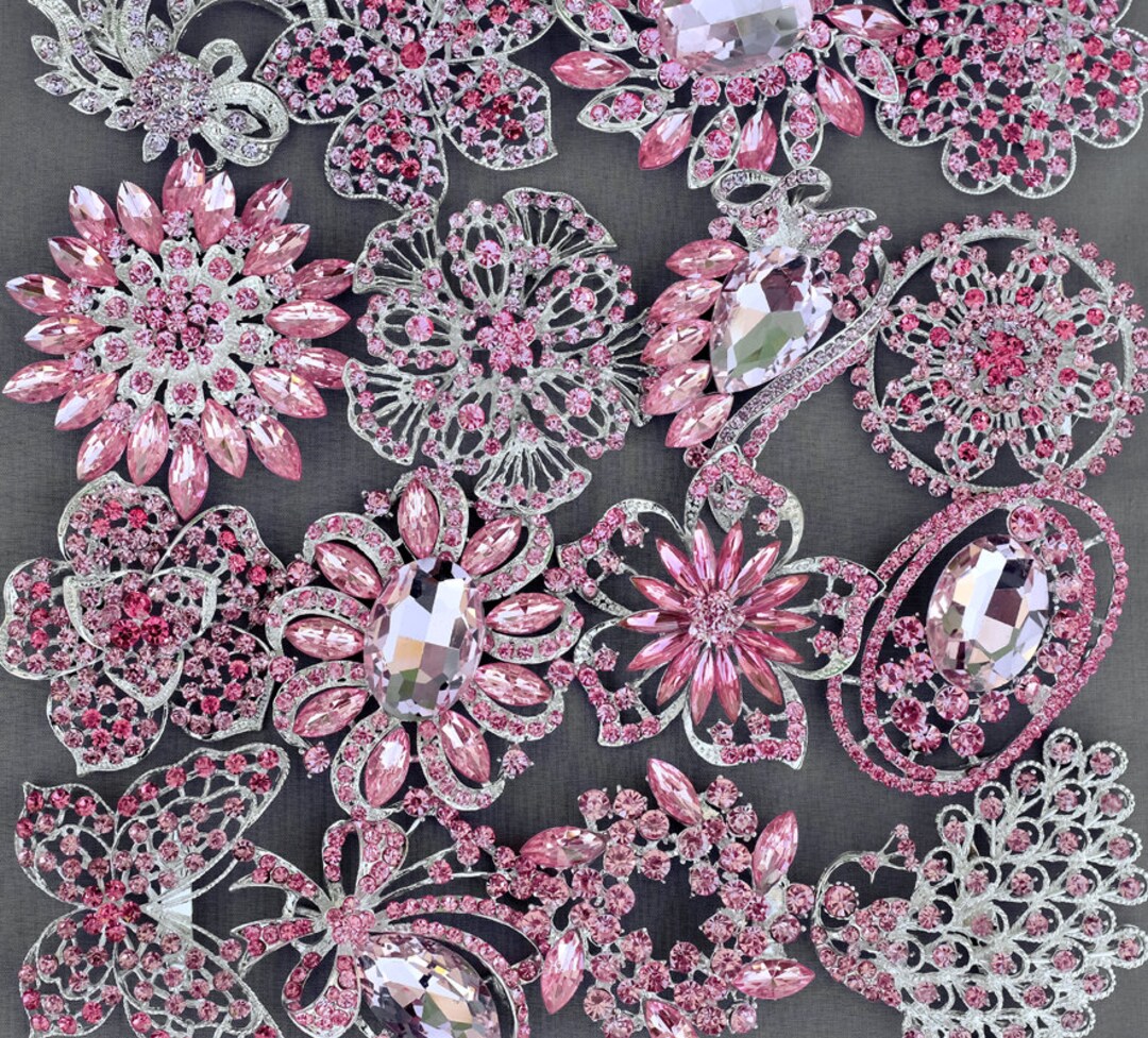 5 Pink Rhinestone Brooch Pink Back X LARGE Crystal Wedding Bridal ...