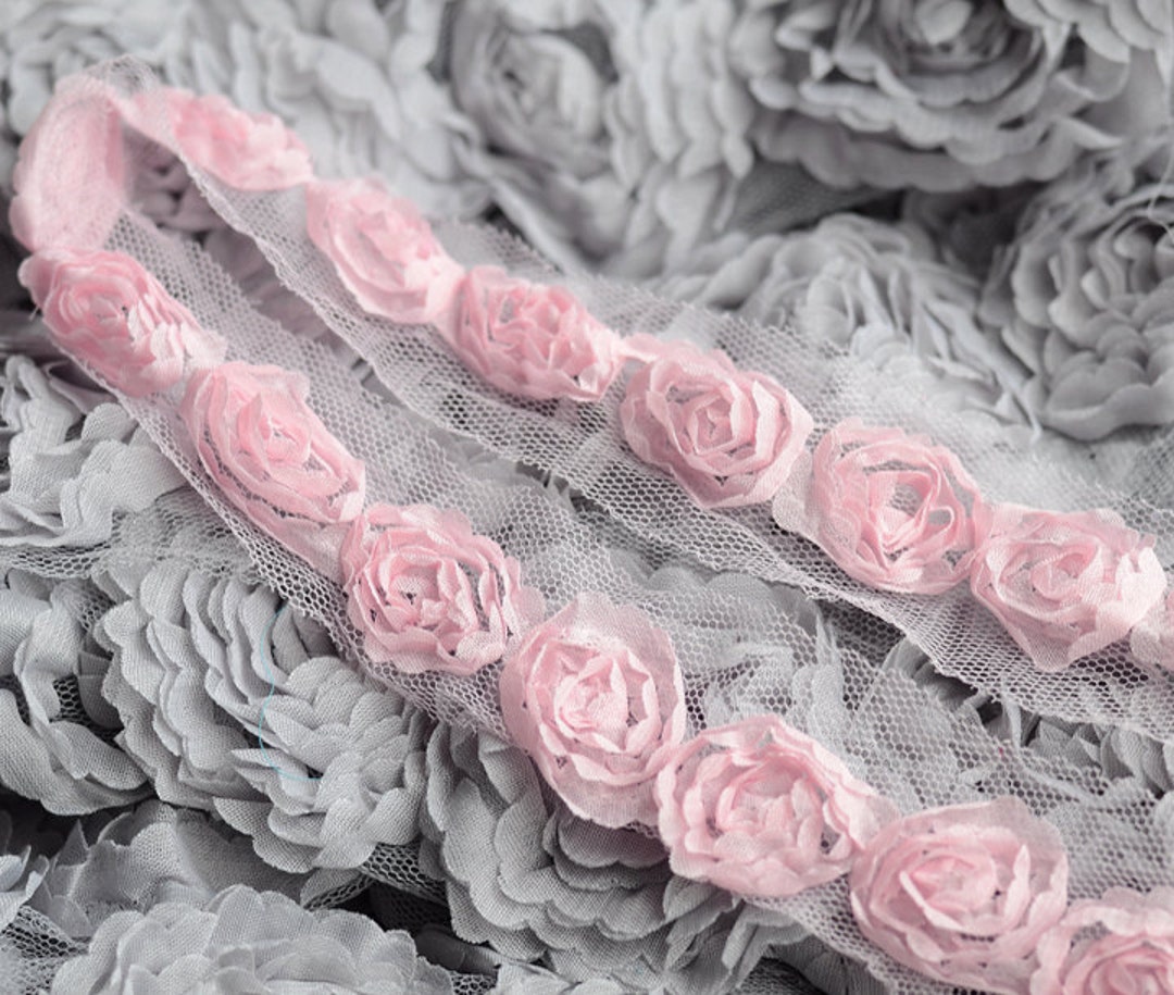 2.5 Yards Chiffon Rose Lace Trim Appliqué Light Pink Bridal Wedding ...