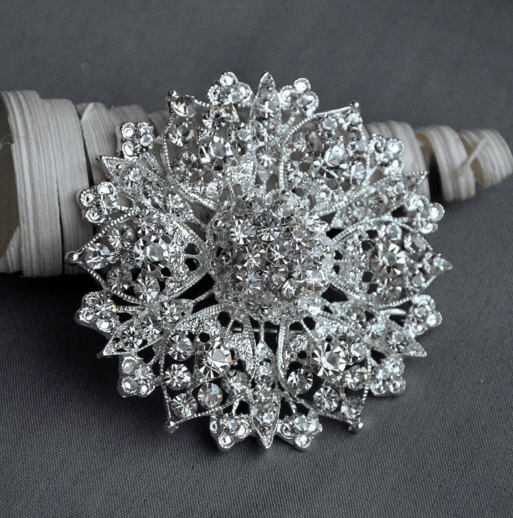 10 Rhinestone Brooch Pinback Button X LARGE Pearl Crystal Wedding ...