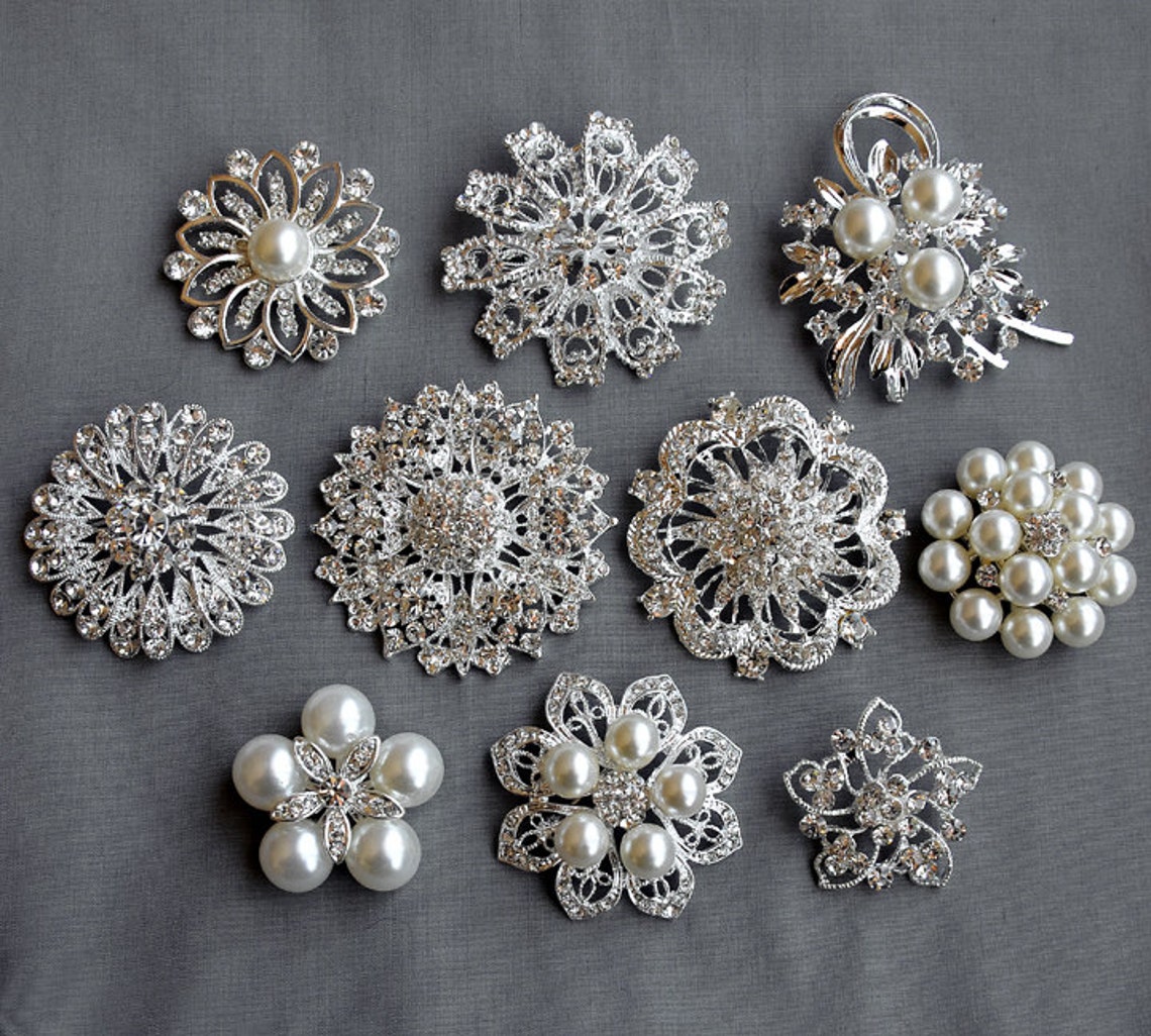 10 Rhinestone Brooch Pinback Button X LARGE Pearl Crystal Wedding ...