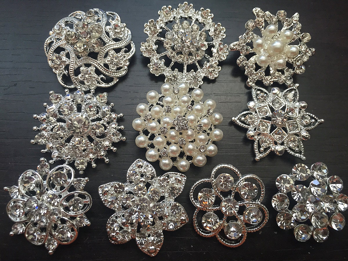 10 Pcs Assorted Rhinestone Button Brooch Embellishment Pearl Crystal ...