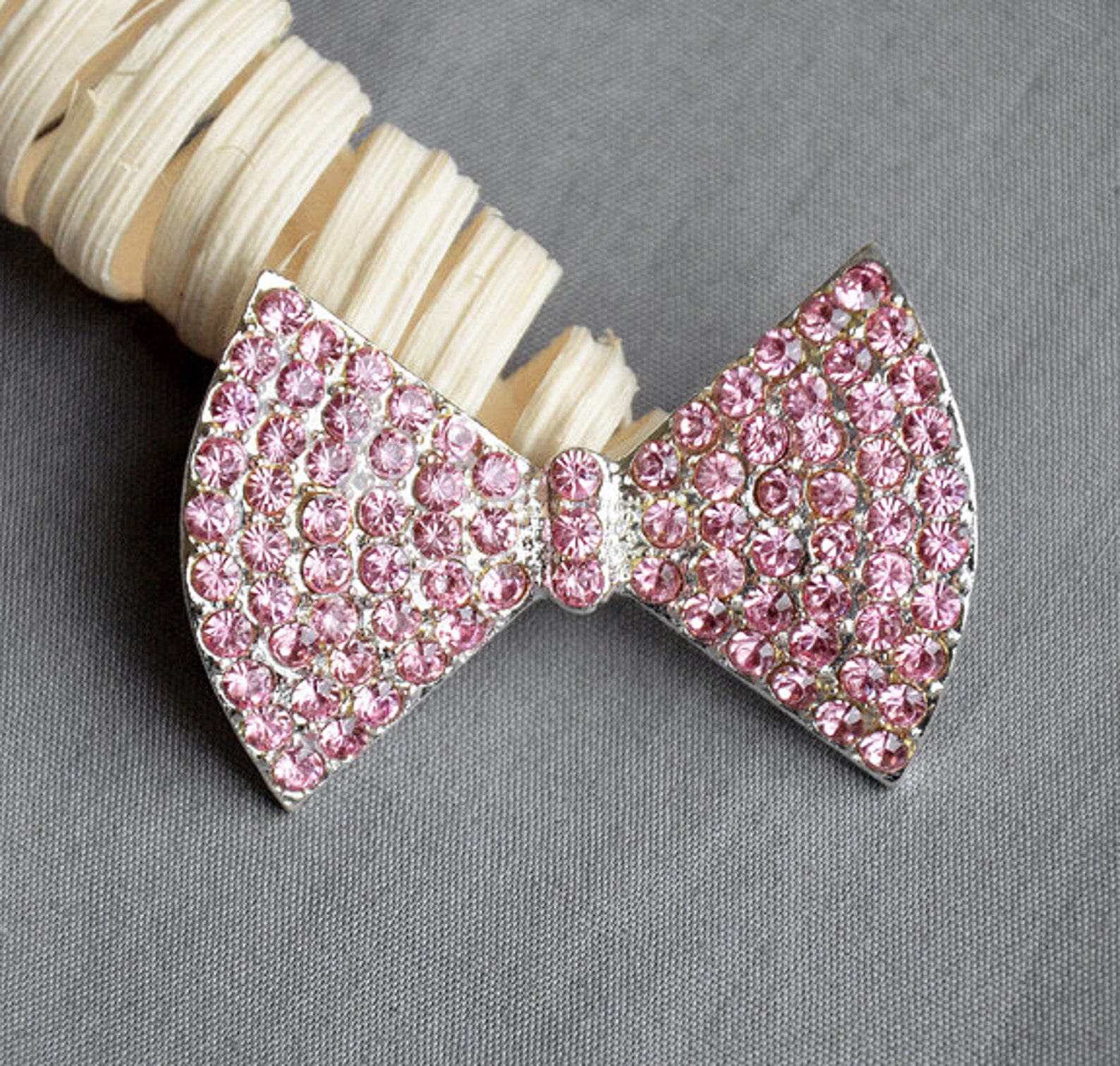 10 Rhinestone Button Brooch Embellishment Pink Crystal Ribbon Bow ...