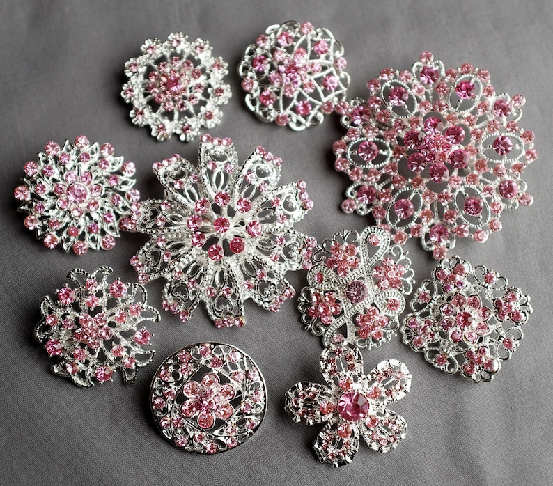 10 Pcs Assorted Rose Pink Light Pink Rhinestone Brooch Crystal Brooch ...