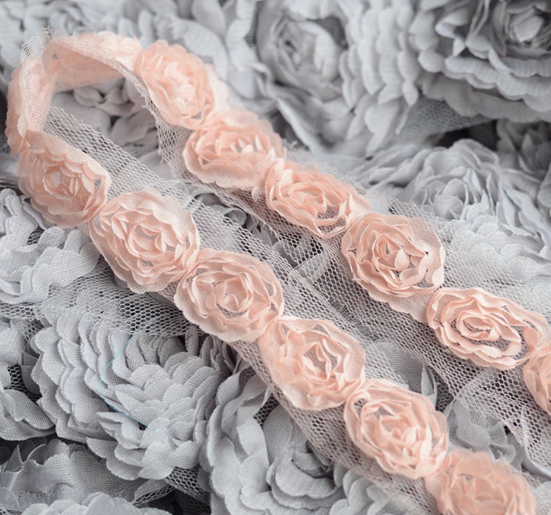 2.5 Yards Chiffon Rose Lace Trim Appliqué Peach Pink Bridal Wedding ...
