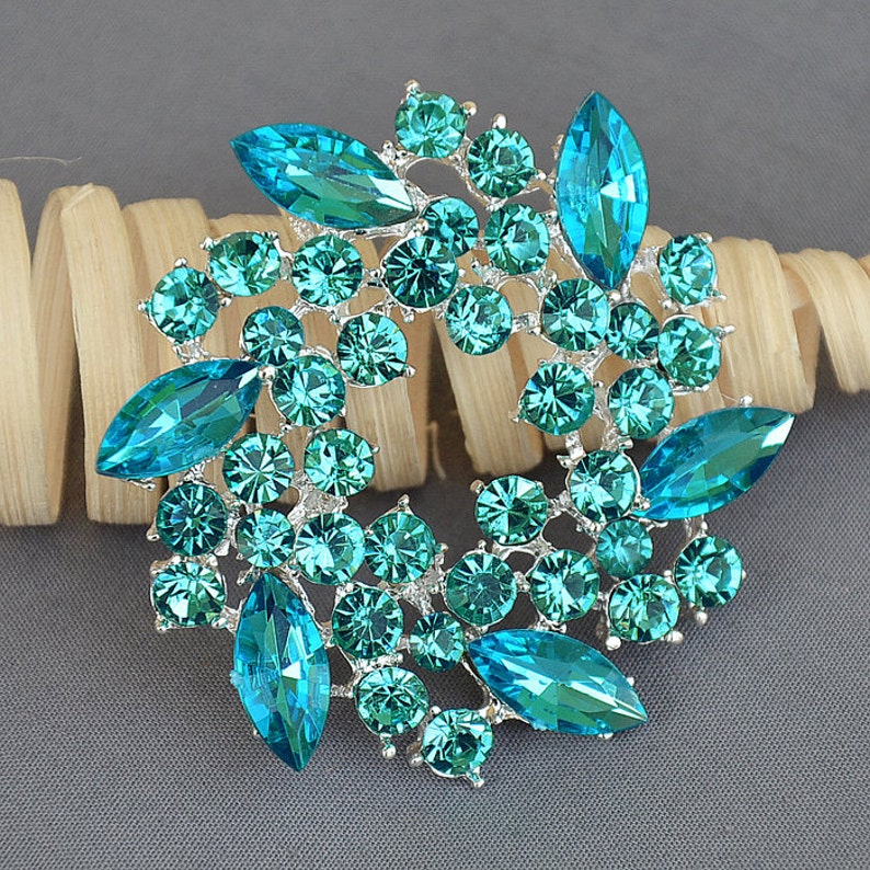 Rhinestone Brooch Teal Blue Crystal Brooch Wedding Brooch | Etsy