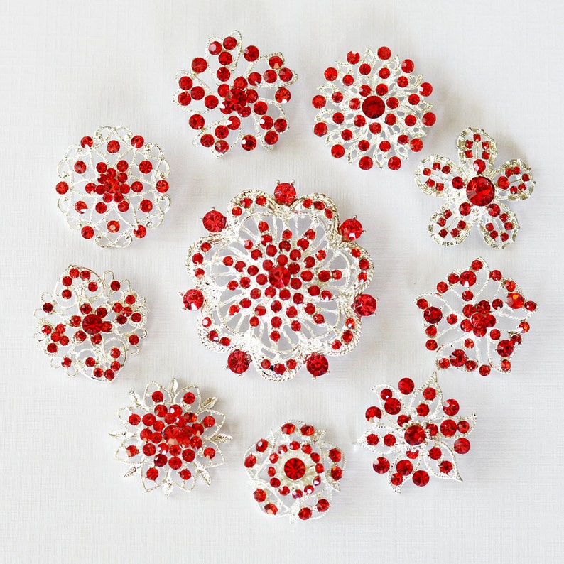 10 Ruby Red Rhinestone Button Brooch Assorted Pearl Crystal - Etsy