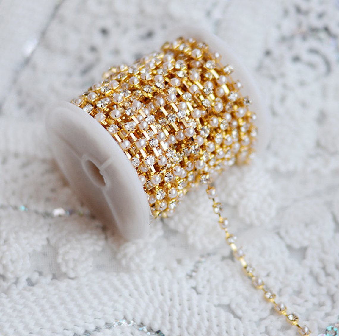 3 Feet Rhinestone and Pearl Chain Australia Crystal Gold SS12 | Etsy