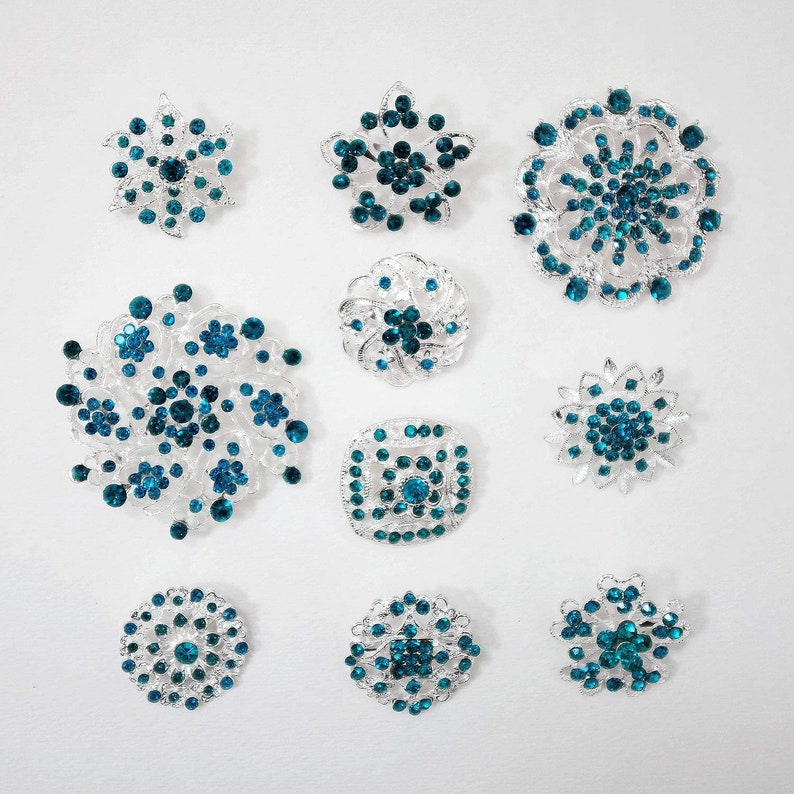 10 Turquoise Blue Rhinestone Button Brooch Pearl Crystal - Etsy