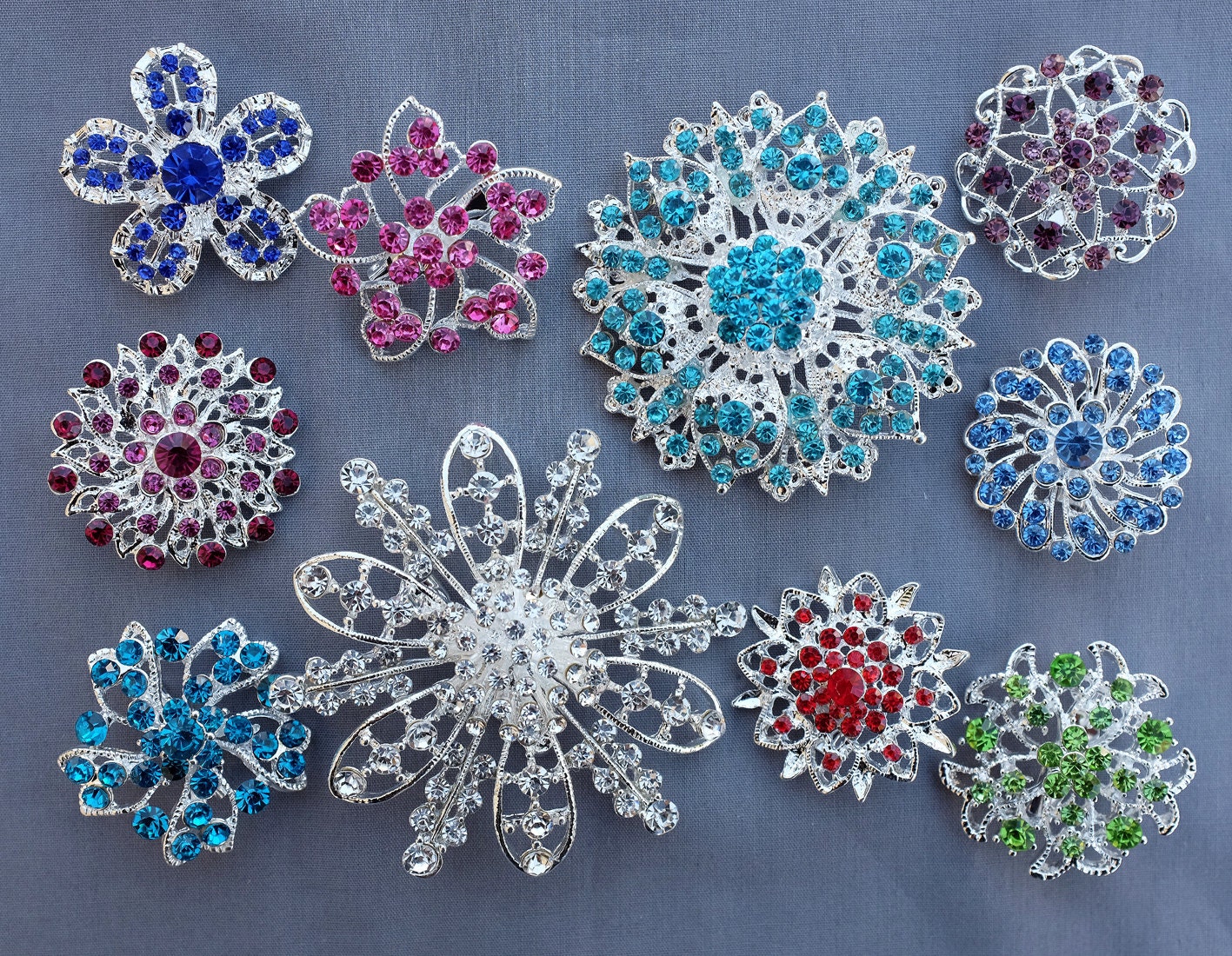 10 Assorted Color Rhinestone Brooch Crystal Brooch Teal Turquoise Blue ...