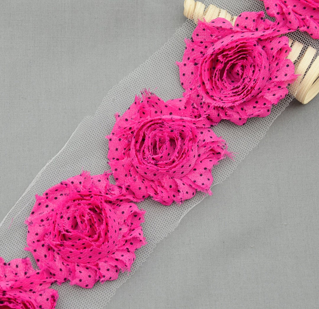 1 Yard 14 Pcs Fuchsia Hot Pink Black Polka Dot Shabby Flowers Shabby ...