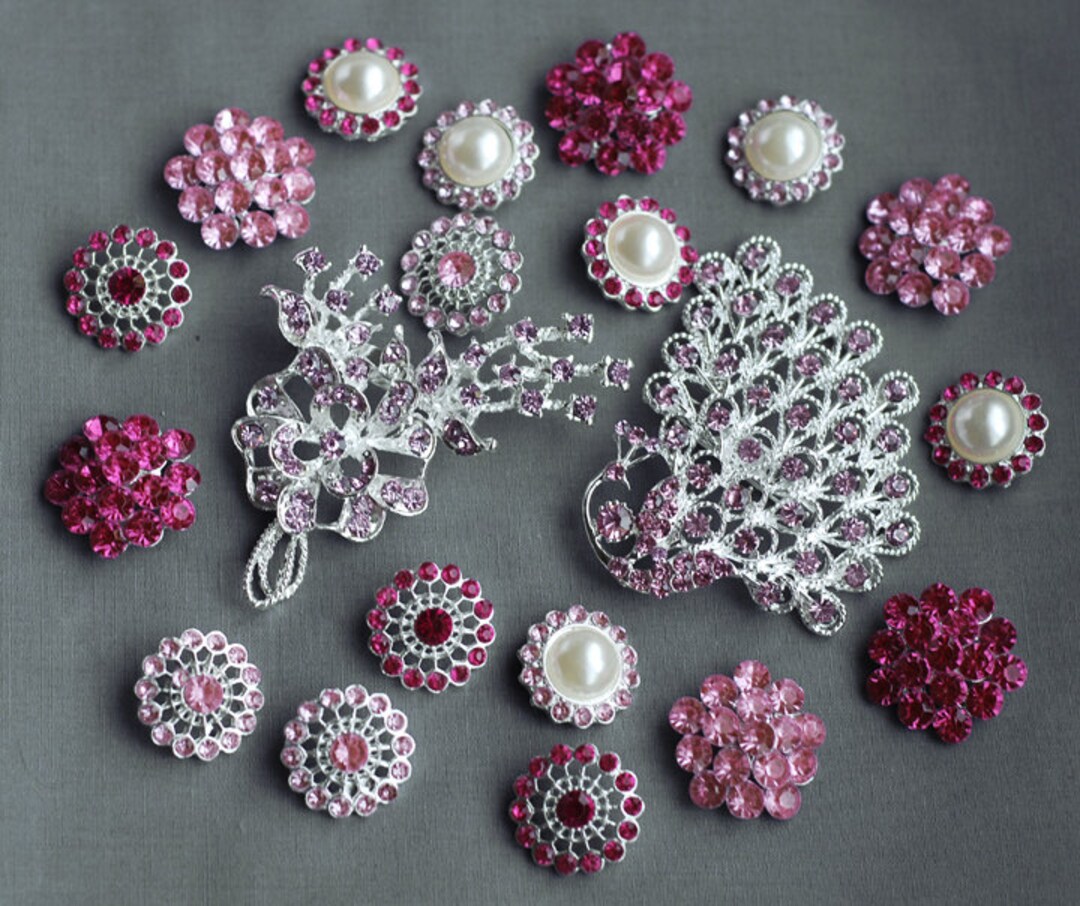 20 Pink Rhinestone Button Brooch Assorted Embellishment Pearl Crystal ...