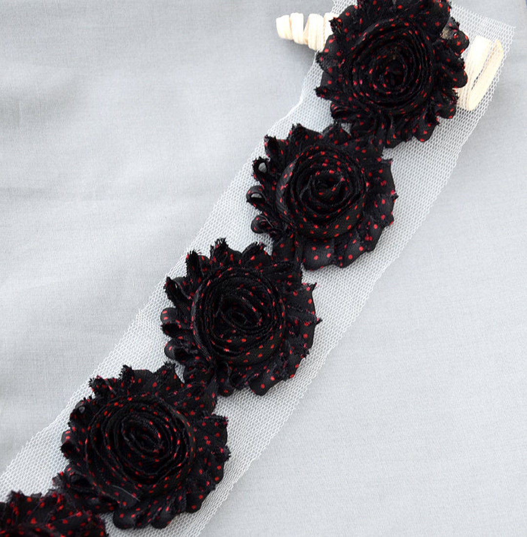 1 Yard 14 Pcs Black Red Polka Dot Shabby Flowers Shabby Rose Trim ...