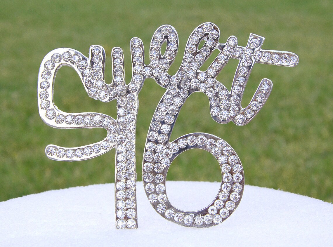 Sweet 16 Cake Topper - Crystal Rhinestone Silver Sweet Sixteen Birthday ...