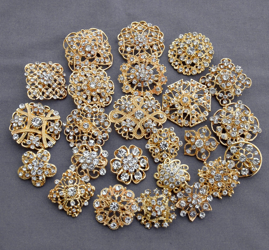 24 Pcs Gold Rhinestone Brooch Crystal Brooches Wedding - Etsy