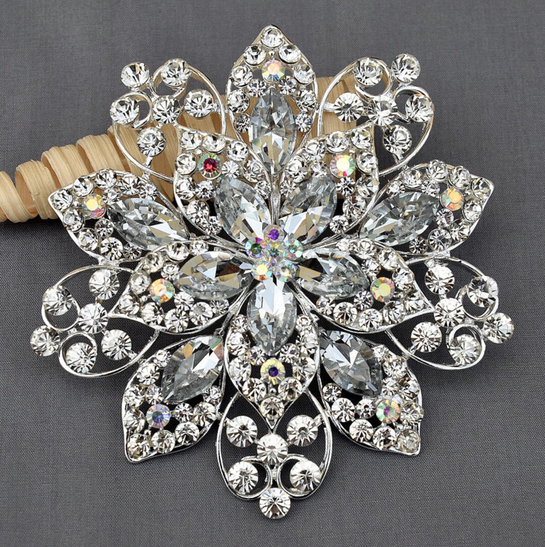 Rhinestone Brooch 4" HUGE Crystal Brooch Bridal Wedding Brooch Bouquet ...